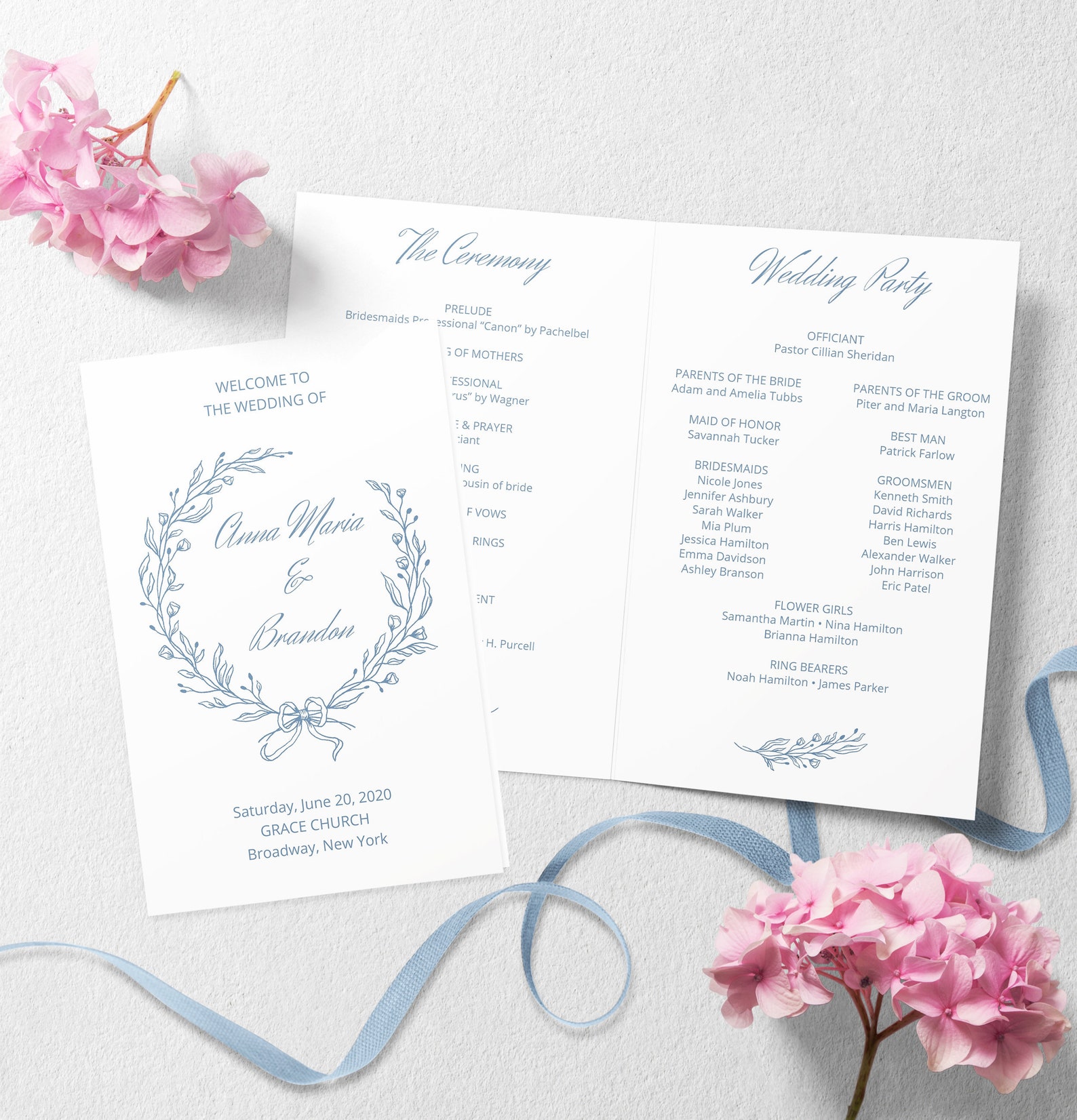 Dusty Blue Wedding Program Template With Wreath Folded Order | Etsy