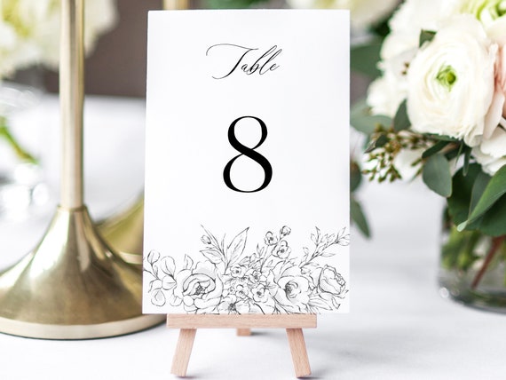 Table Numbers Template with Black and White Roses - Rustic Floral Table ...