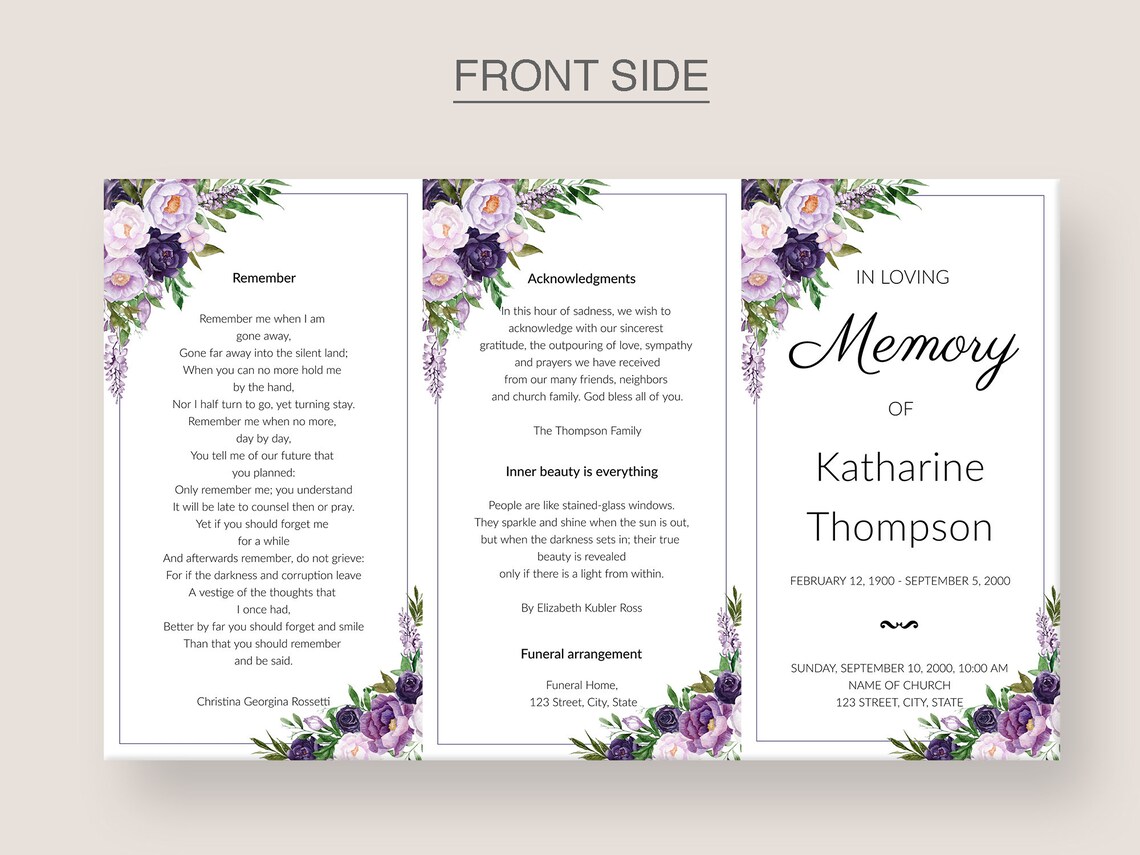 Funeral Program Template With Purple Flowers Trifold Violet - Etsy