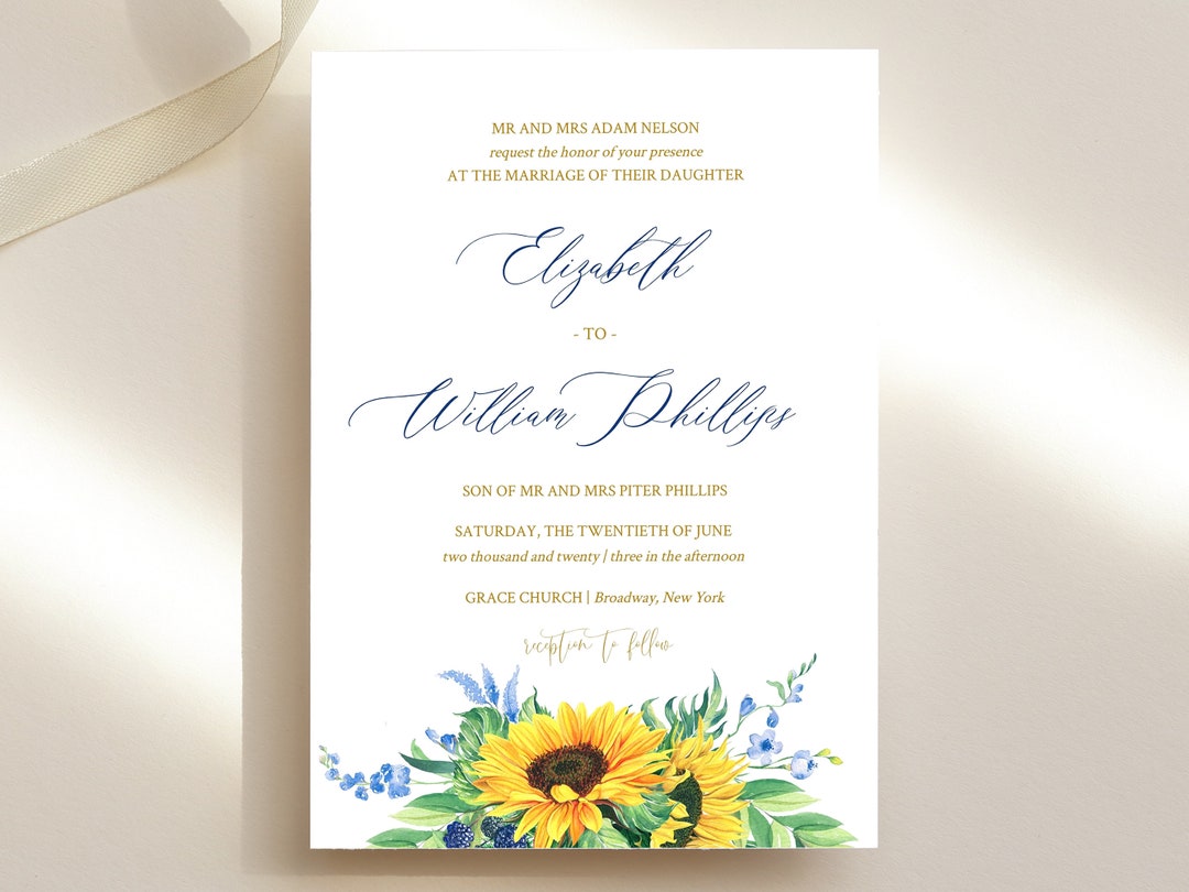Sunflower Wedding Invitation Template Rustic Floral Yellow and Blue ...