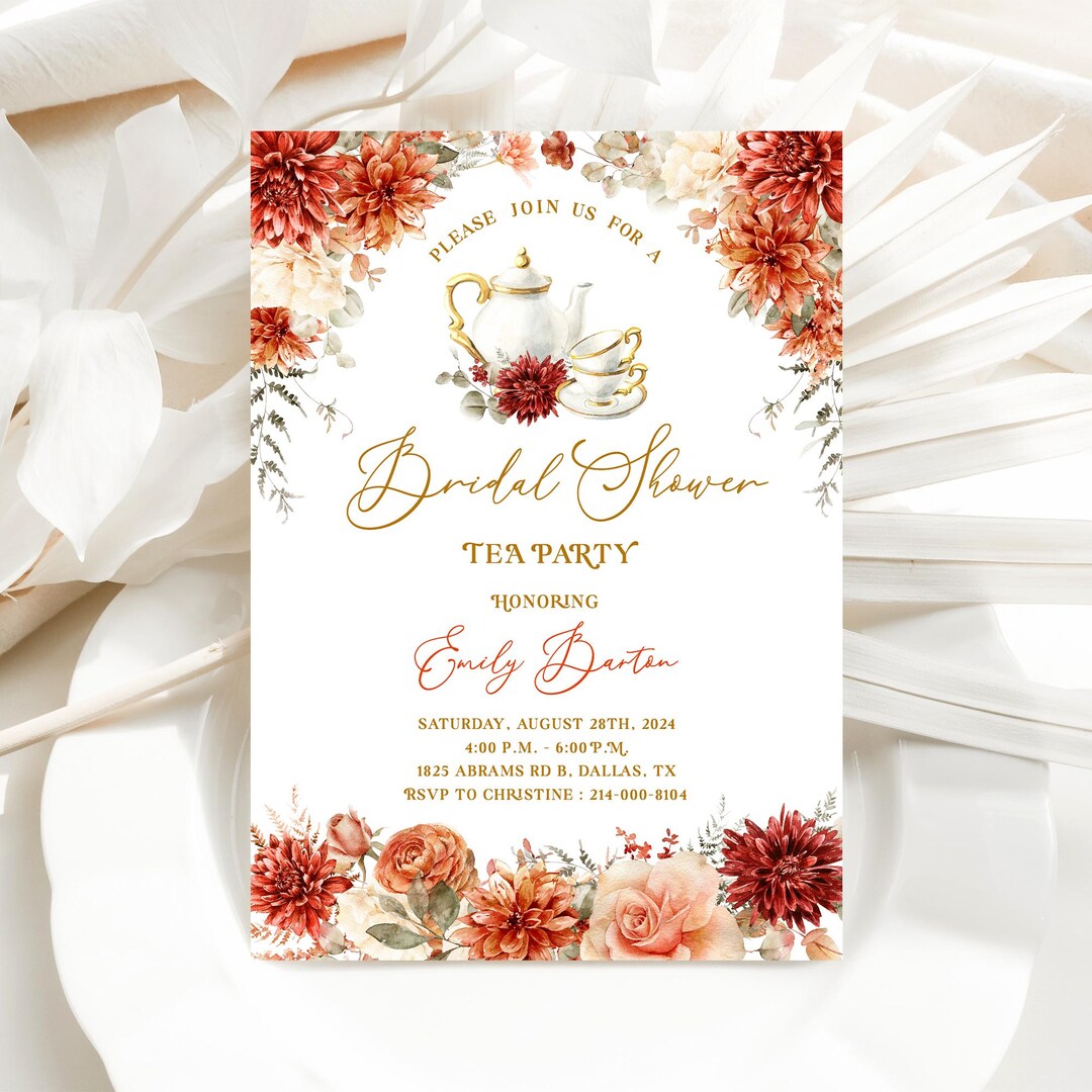 Fall Bridal Shower Tea Party Invitation Template - Editable Terracotta ...