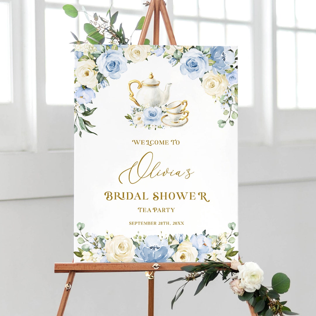 Tea Party Bridal Shower Welcome Sign Template - Baby Blue Rustic Floral ...