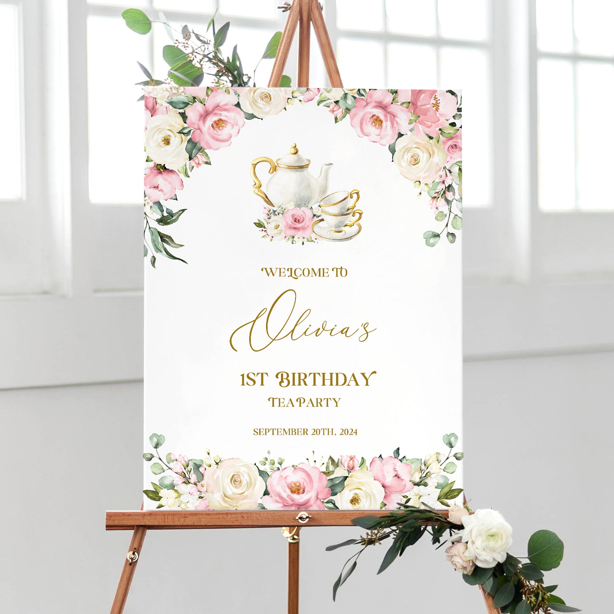 Tea Party Birthday Welcome Sign Template Rustic Floral Girl - Etsy