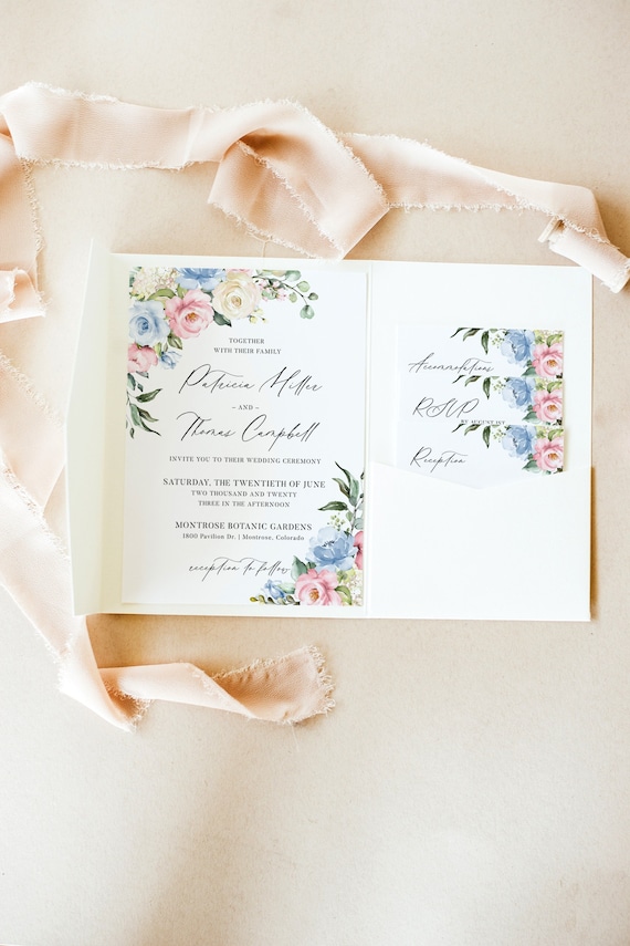 Pocket Folder Wedding Invitation Suite Template - Dusty Blue and Pink ...