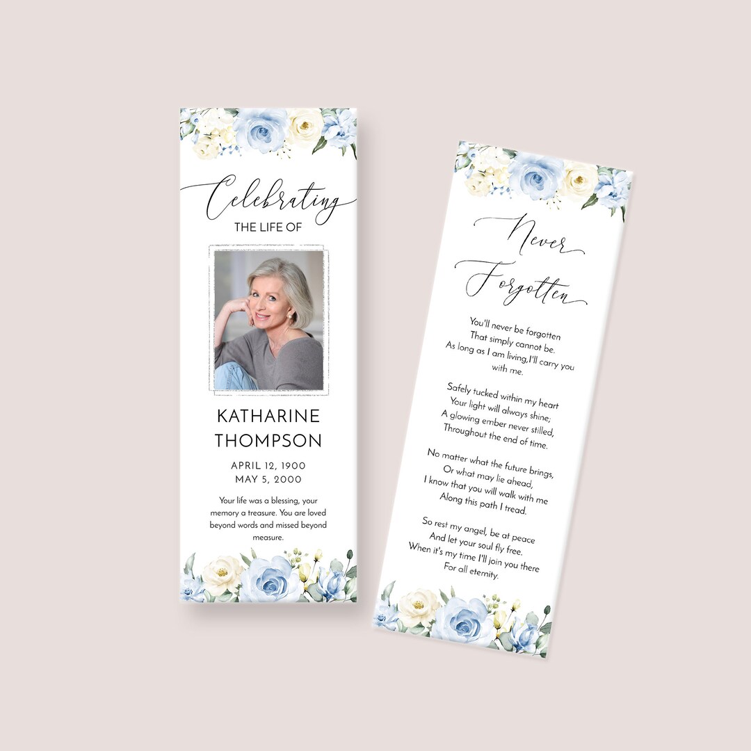 Blue Floral Funeral Bookmark Template Funeral Favors - Etsy