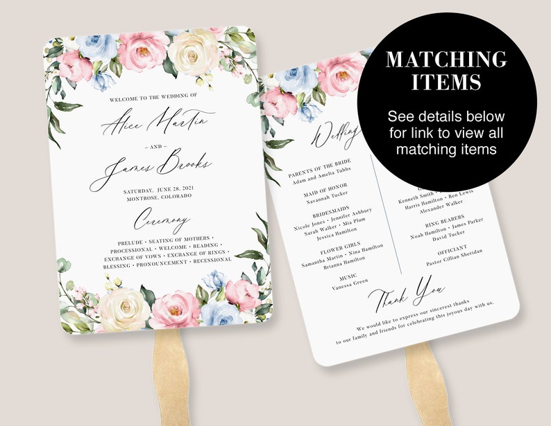 Rustic Wedding Program Template Dusty Blue and Rose Pink | Etsy