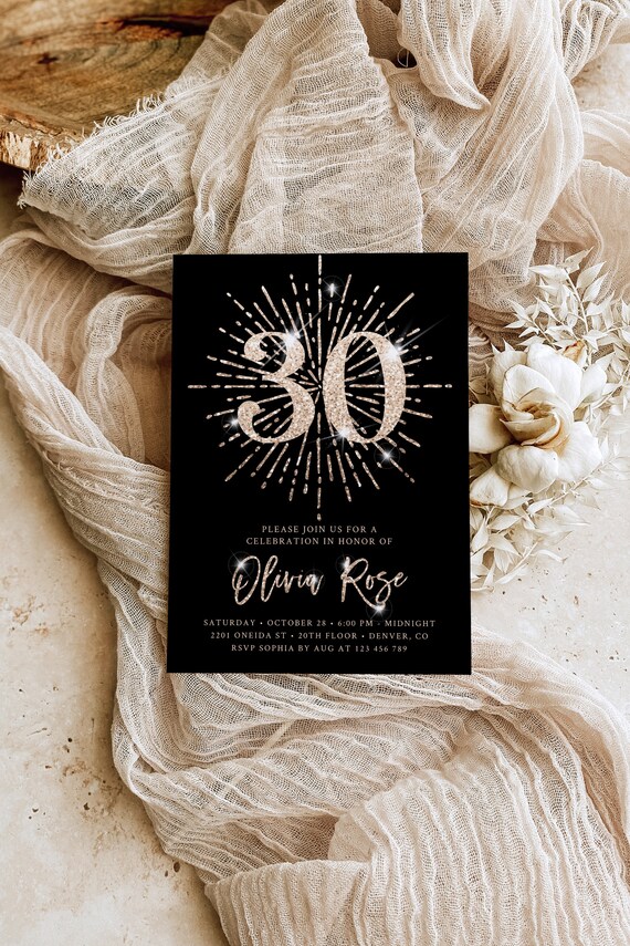 Thirtieth Black & Gold Birthday Invitation Template - Sparkle Posh 30th ...