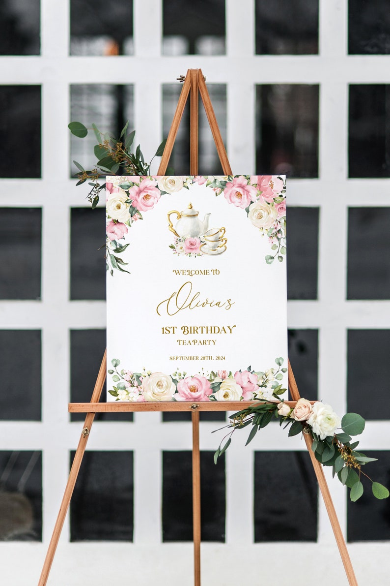 Tea Party Birthday Welcome Sign Template Rustic Floral Girl - Etsy