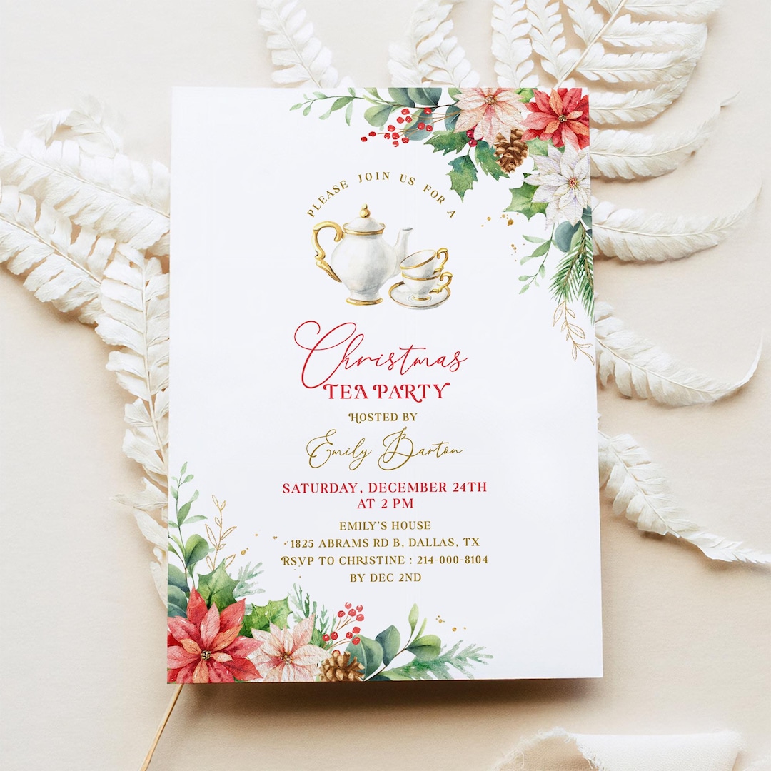 Christmas Tea Party Invitation Template With Poinsettia Seasonal Brunch ...