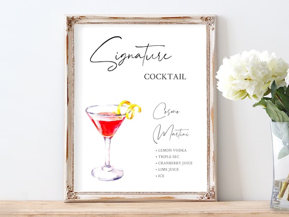 Signature Cocktail Sign Template - Watercolor Wedding Bar Sign ...