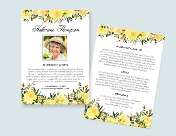 Yellow Obituary Template - Funeral Memorial Card with Roses, Printable ...