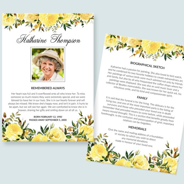 Yellow Obituary Template - Etsy