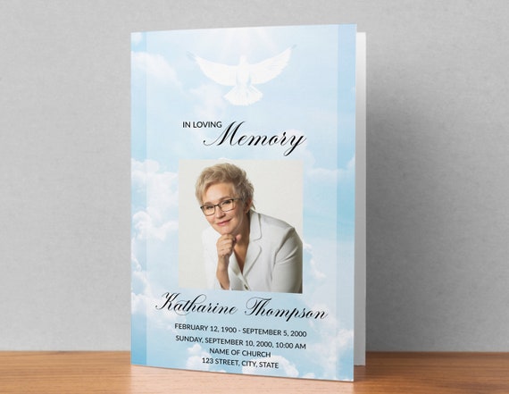Dove Funeral Program Template - Memorial Brochure with Blue Sky, Sun ...