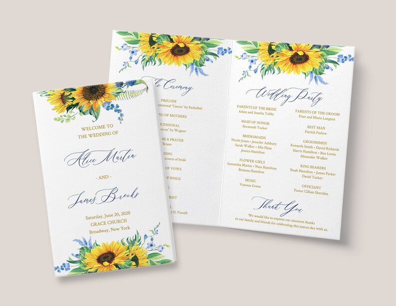 Sunflower Bi-fold Wedding Program Template Folded Order of - Etsy