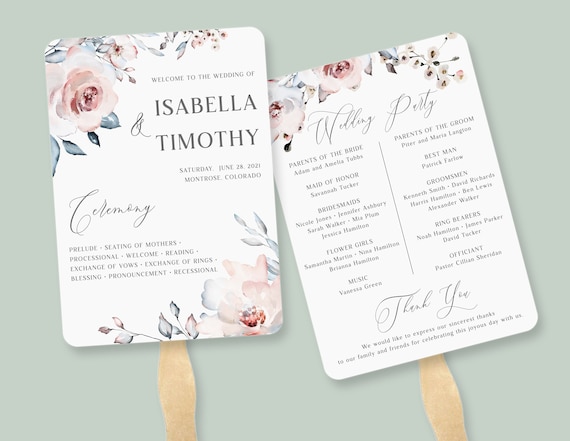 Wedding Program Fan Template - Boho Wedding Fan with Blue and Pink Flowers, Rustic Wedding ...