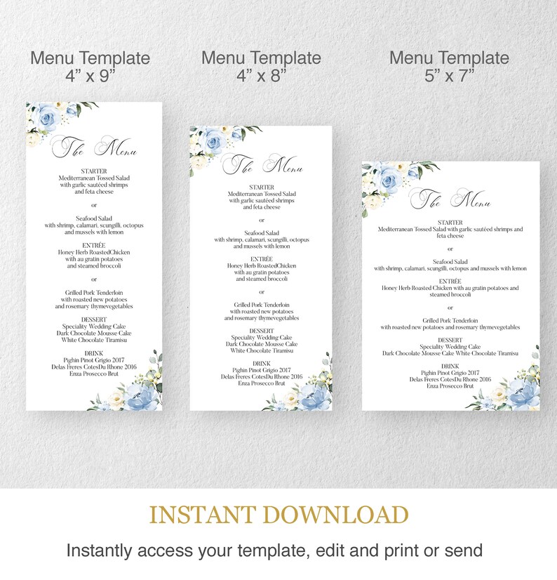 Wedding Menu Cards Template Rustic Floral Tea Length Menu | Etsy