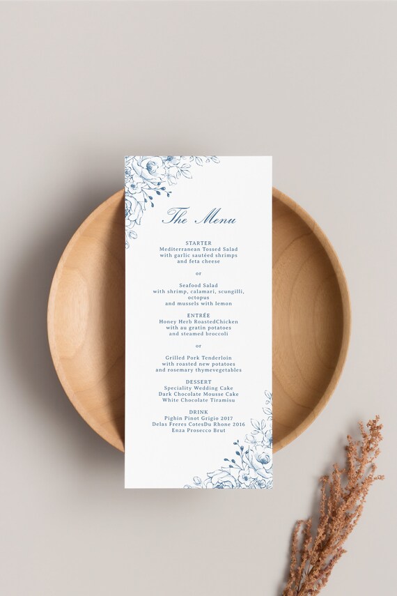 Dusty Blue Wedding Menu Template with Delicate Flowers - Slate Blue ...
