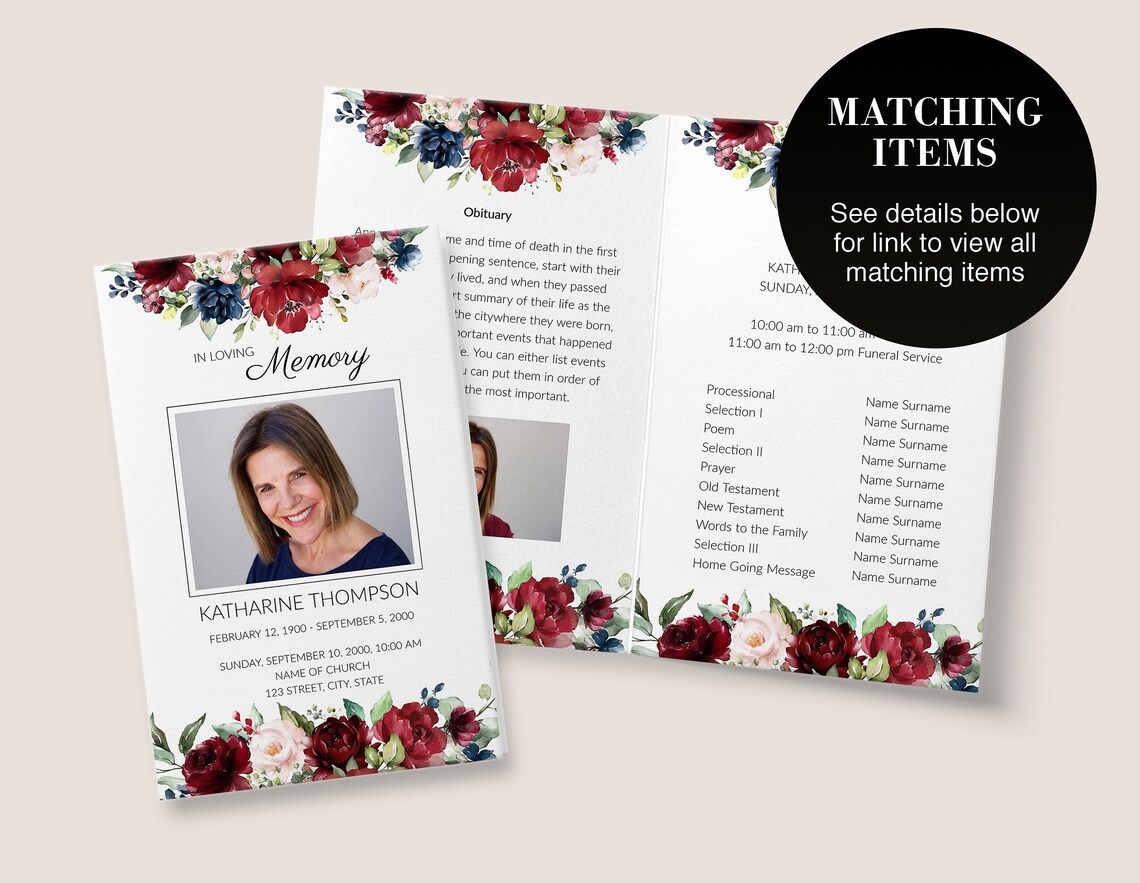 Obituary Template Funeral Memorial Card With Burgundy Red - Etsy