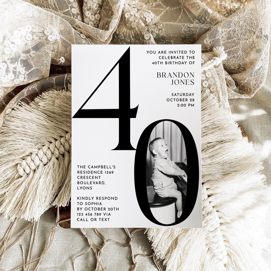 40th Birthday Invitation Template With Photo Fortieth Bday Black and ...