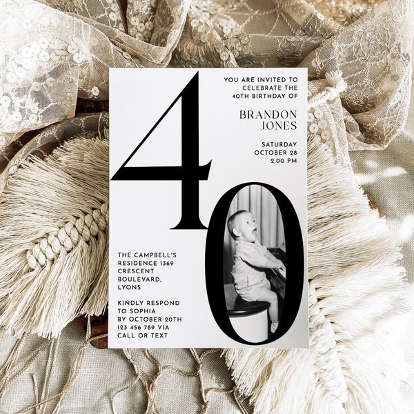 40th Birthday Invitation Template With Photo Fortieth Bday Black Etsy