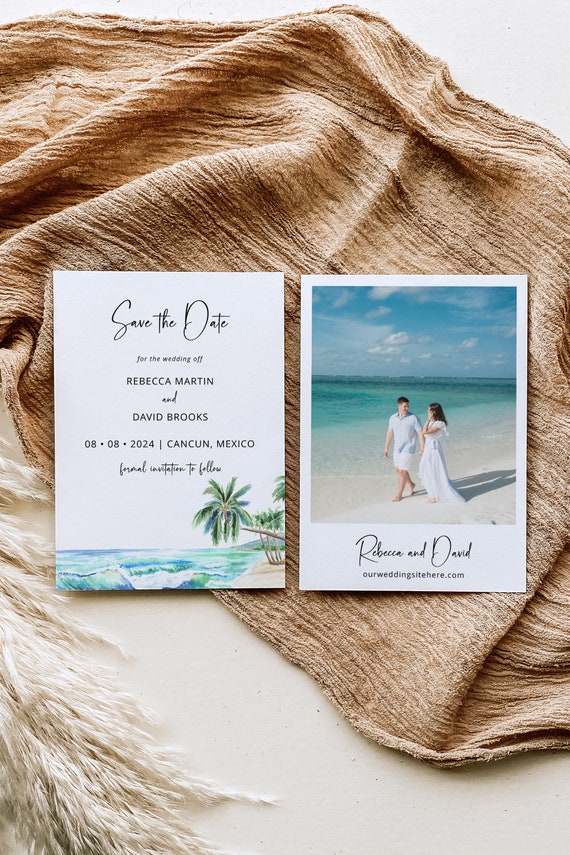 Tropical Beach Save the Date Template with Photo - Editable Wedding ...
