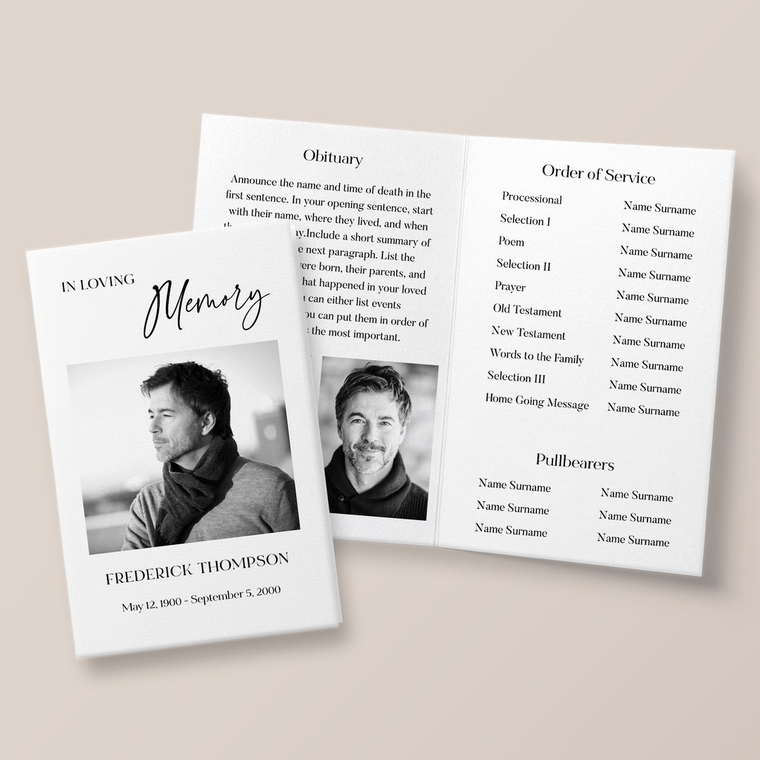 Editable Funeral Program Template for Men Minimalist Memorial Program ...