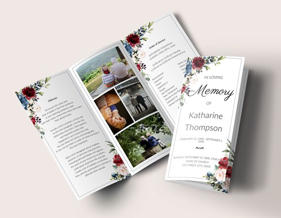Funeral Program Template with Red Burgundy and Navy Blue Roses ...