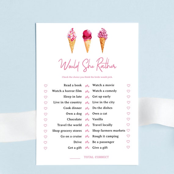 Would She Rather Bridal Shower Game - Ice Cream Bridal Party Games ...