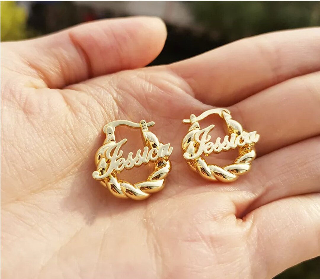 18K Gold Custom Name Plate Small Loop Earrings | Personalized Name ...