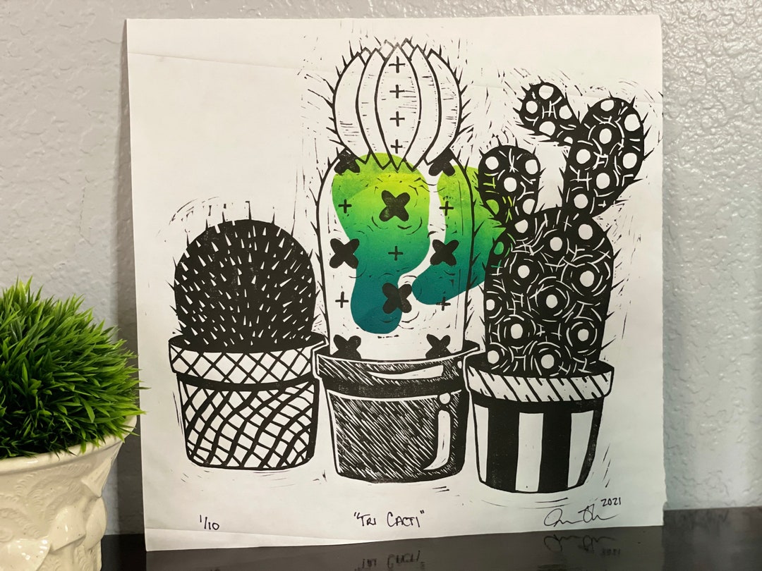 Tri-Cacti Multi-Colored Print Cactus in Pots, Handmade, Original, Oil ...