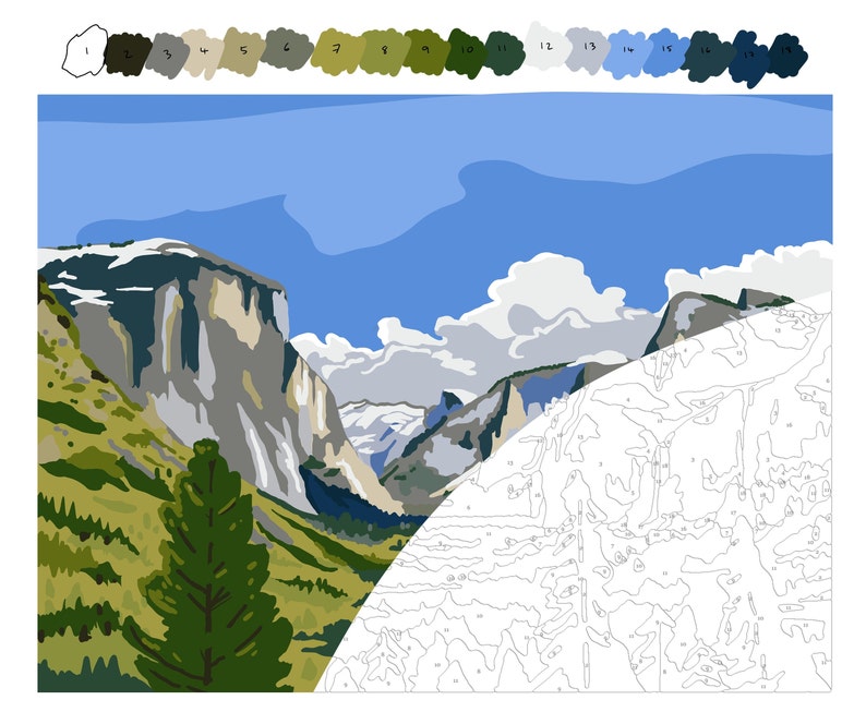 Yosemite National Park Paint by Numbers Print at Home Coloring Page ...