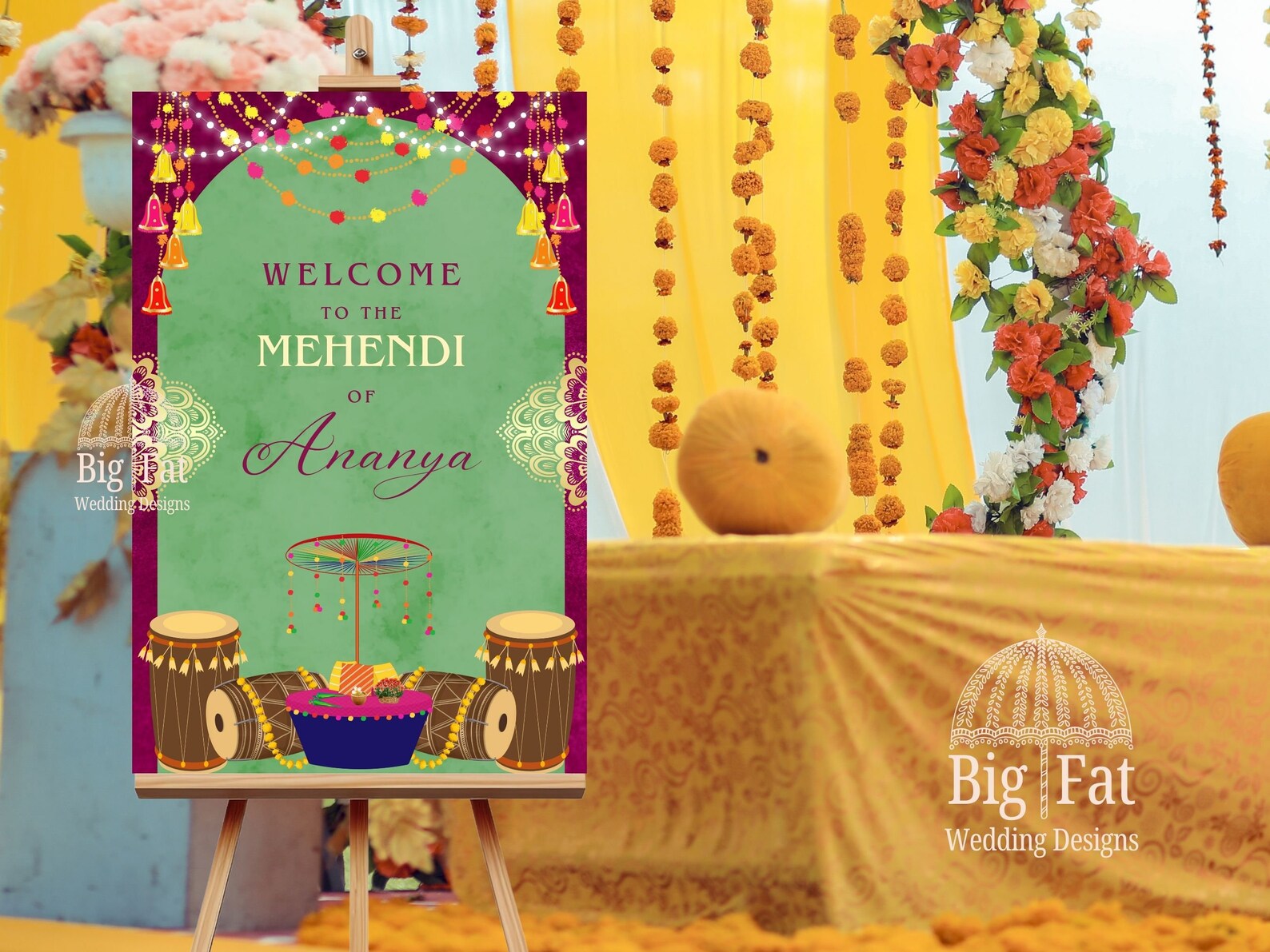 Mehndi Welcome Sign: Dholak Decor, Haldi Dhokli (PDF Template) - Etsy