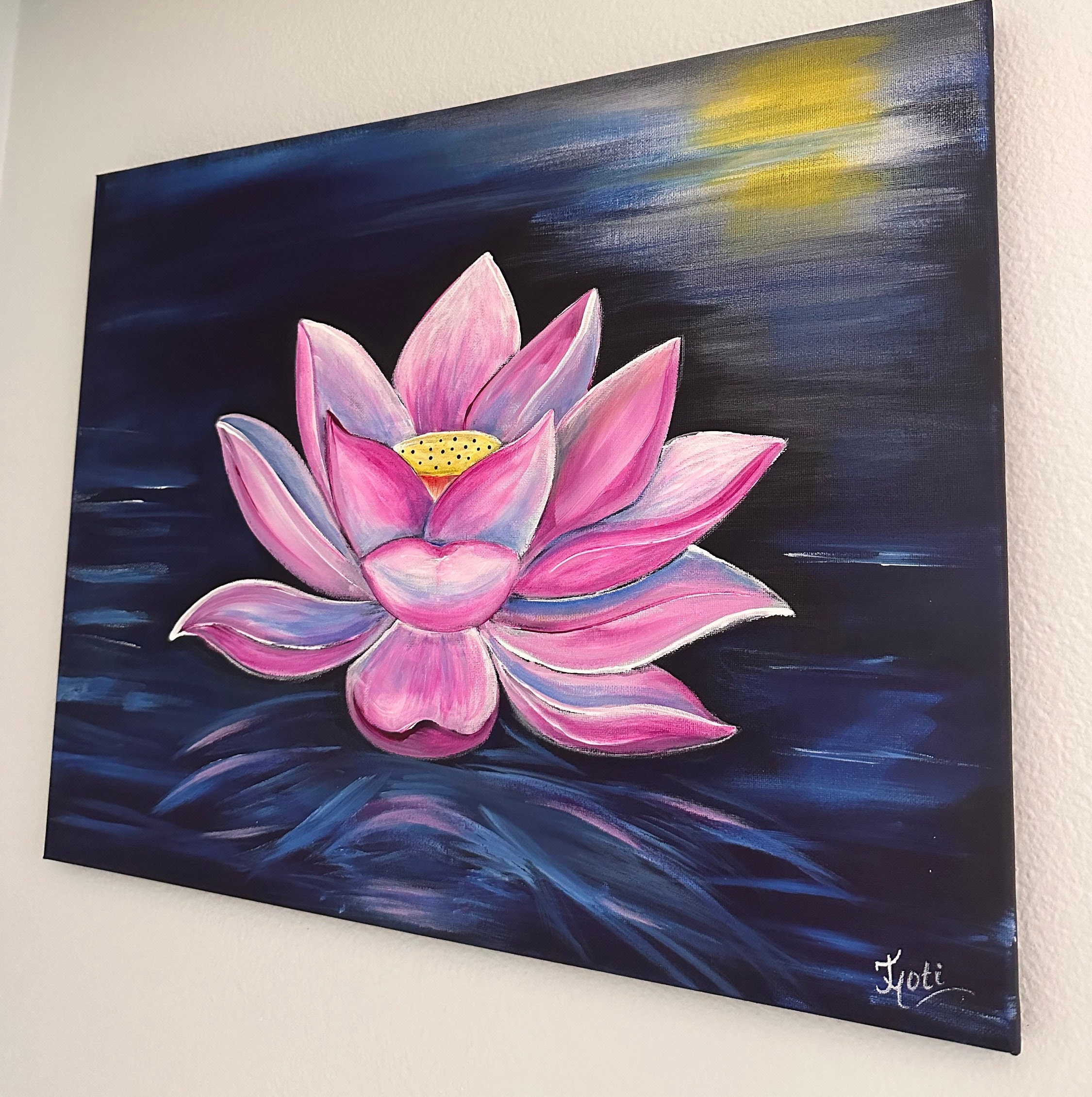 Pink Lotus Painting: Acrylic Floral Art on Canvas (16x20 Inches) - Etsy