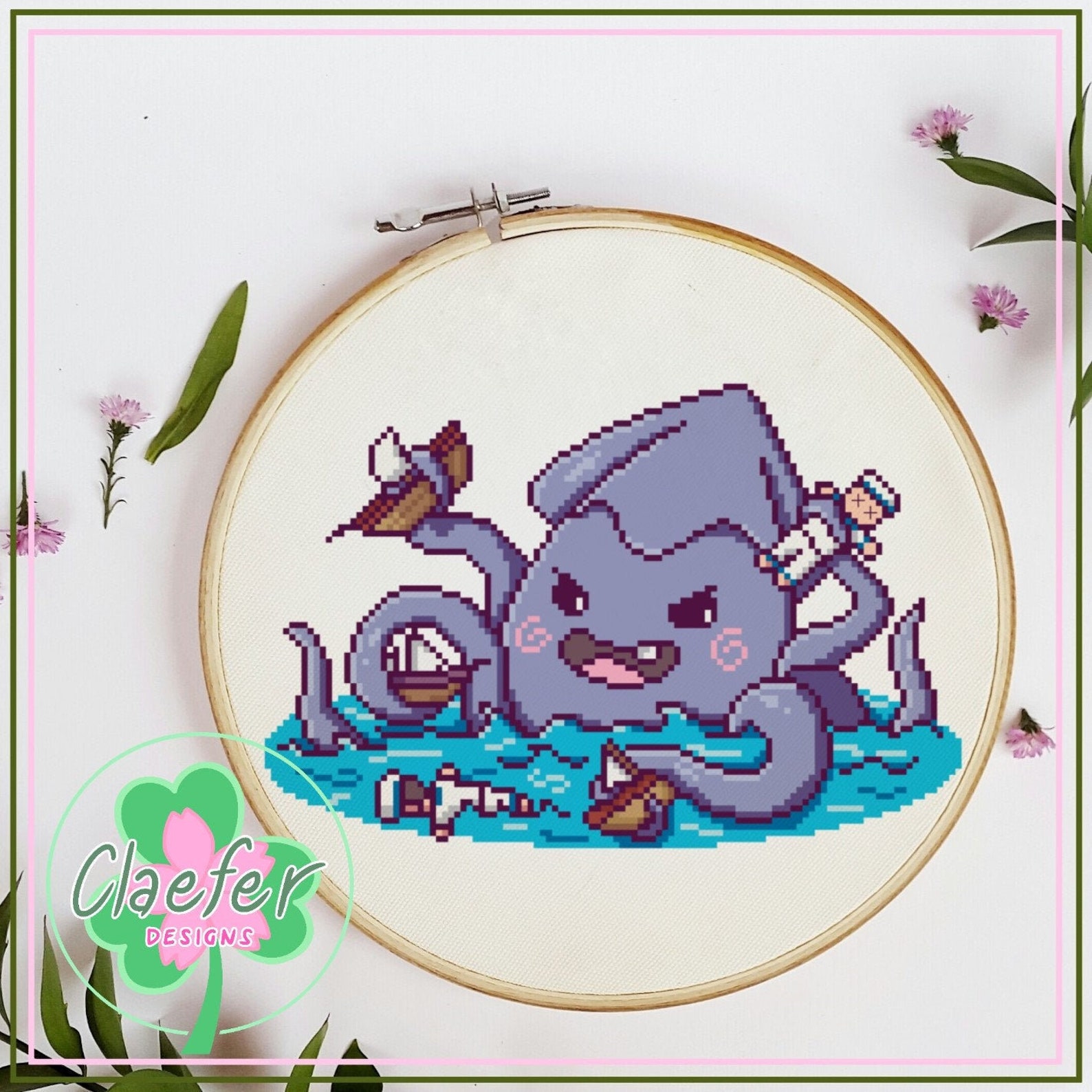 Kraken's Bathtime Cute Cross Stitch PDF Pattern Chibi - Etsy