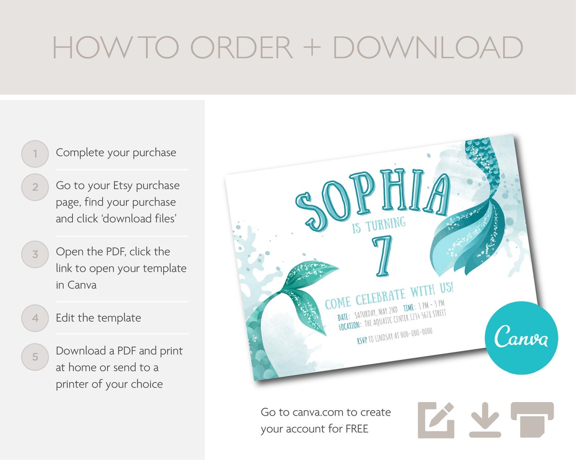 Mermaid Birthday Invitation Canva Template Self Customize - Etsy