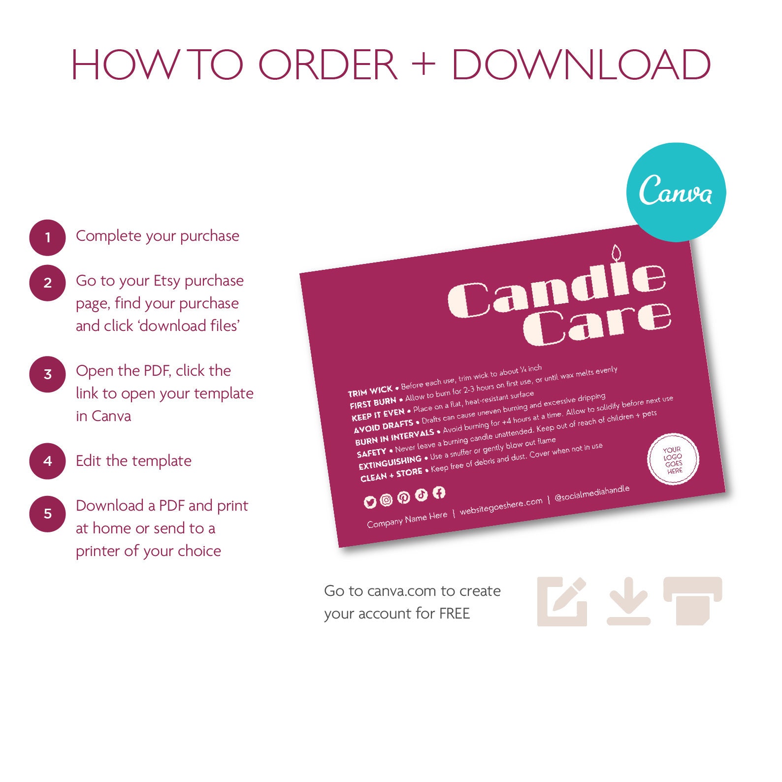 Editable Candle Care Card | Berry Candle Care Instructions Template ...