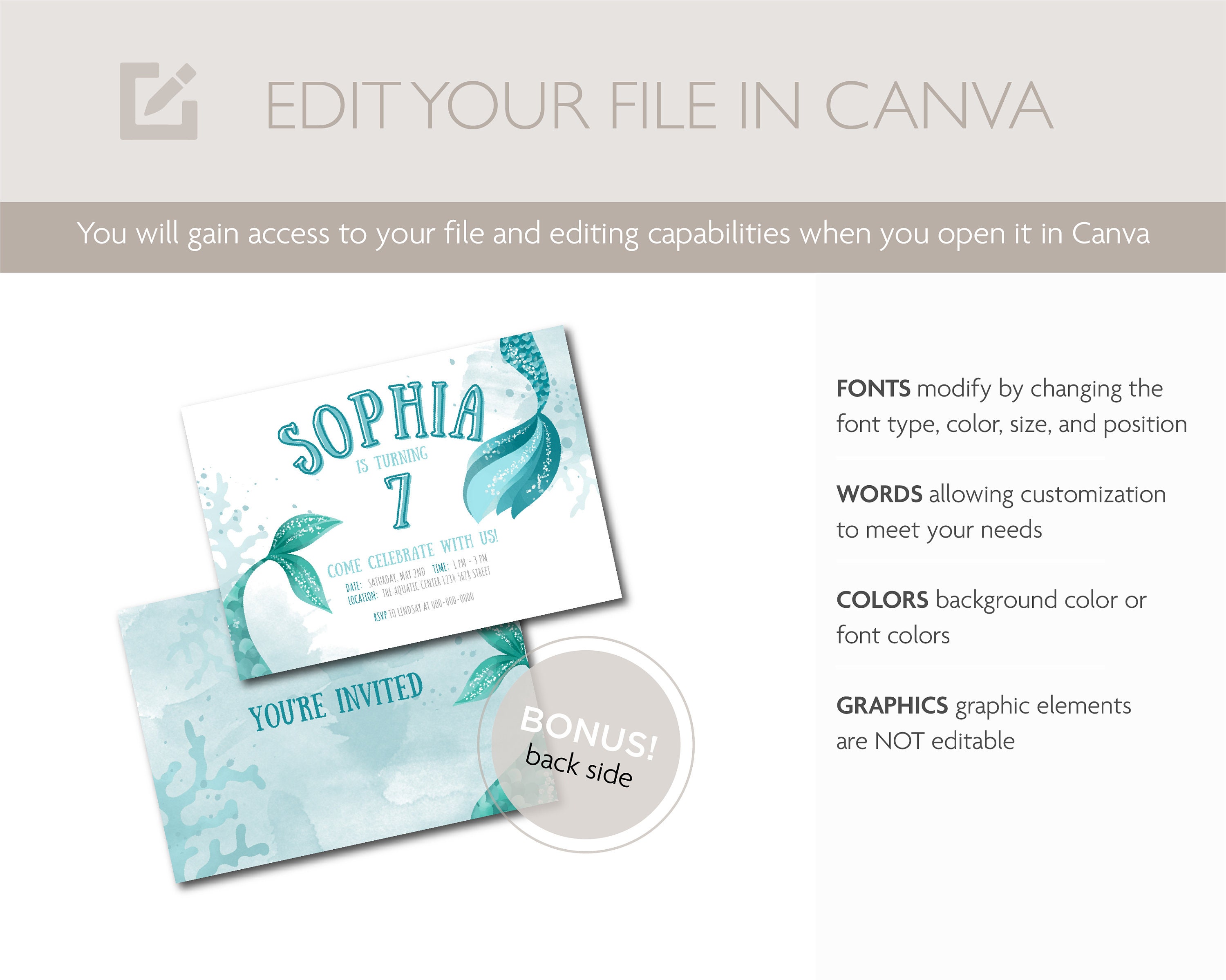 Mermaid Birthday Invitation Canva Template Self Customize - Etsy