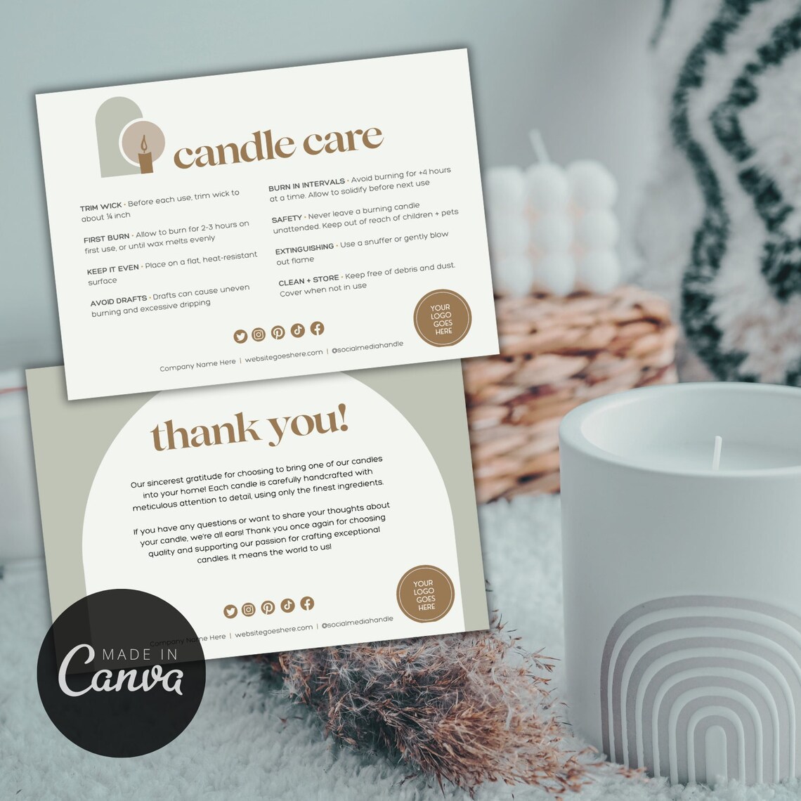 Editable Candle Care Card Minimal Boho Design Candle Care Instructions ...
