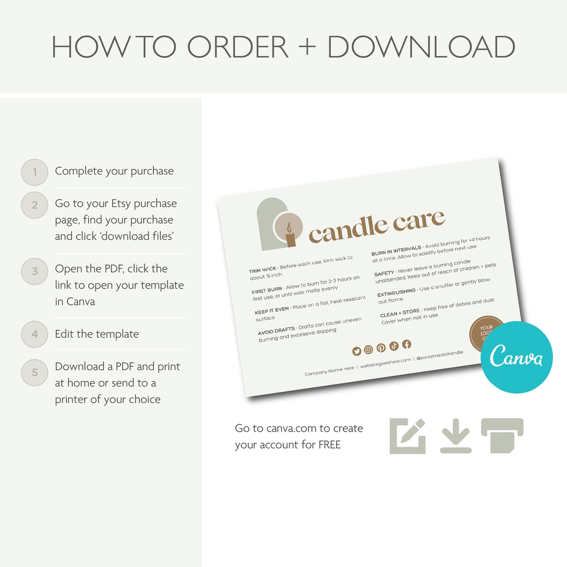 Editable Candle Care Card Minimal Boho Design Candle Care Instructions ...