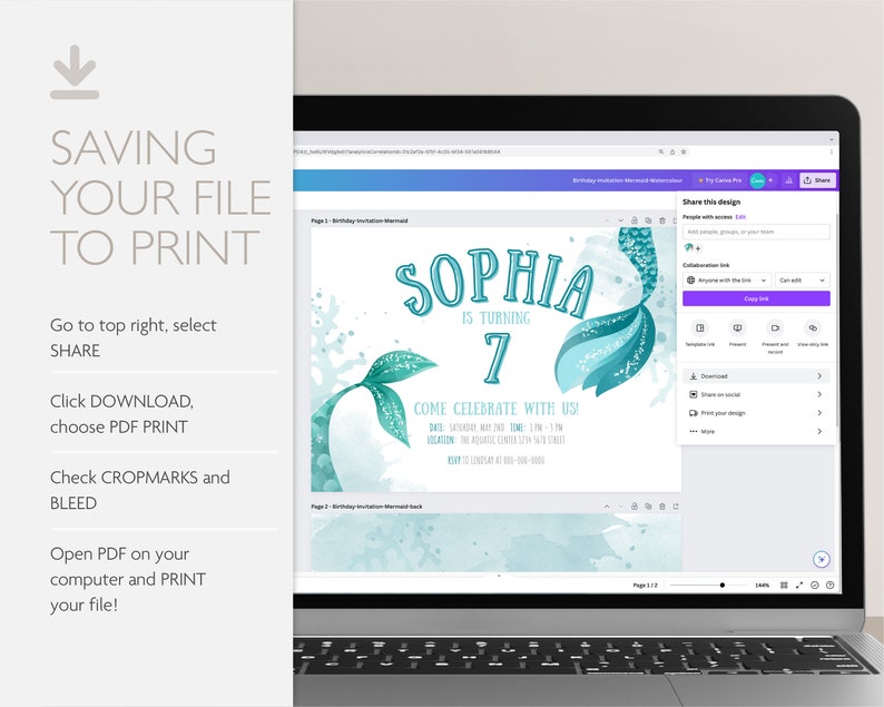 Mermaid Birthday Invitation Canva Template Self Customize - Etsy