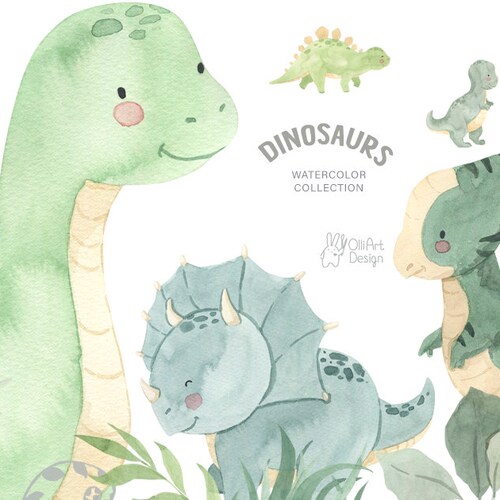 Watercolor Baby Dinosaur Clipart Graphics Dino Clip Art T | Etsy