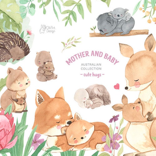 Mother and Baby Watercolor Clipart Mommy and Baby Animal | Etsy
