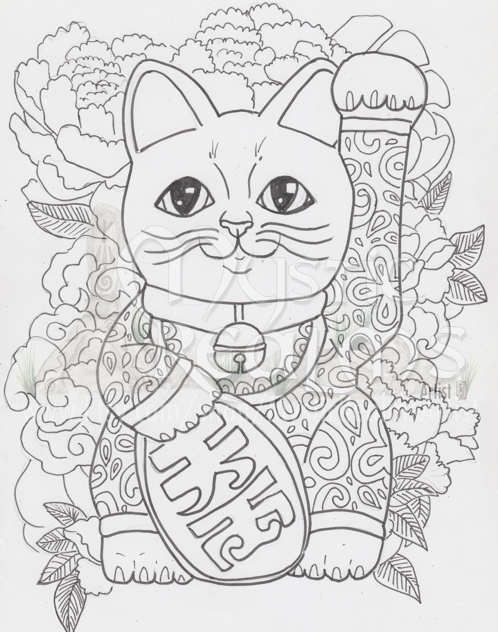 Lucky cat Maneki-Neko cat coloring page cat art tabby | Etsy