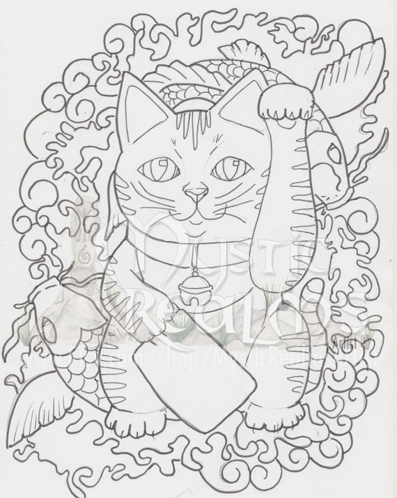 Lucky Cat Maneki-neko Coloring Page Cat Art Tabby Cat Diy | Etsy