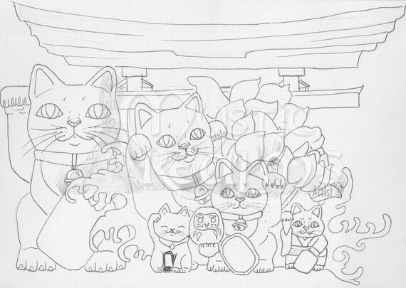 Lucky Cats Maneki-neko Coloring Page Cat Art Tabby Cat | Etsy