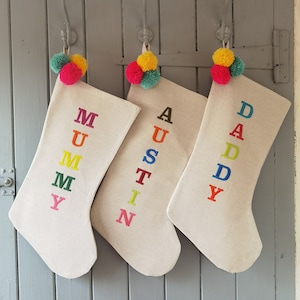 Luxury Personalised Linen Christmas Stocking With Pom Poms - Etsy UK