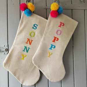 Luxury Personalised Linen Christmas Stocking With Pom Poms - Etsy UK