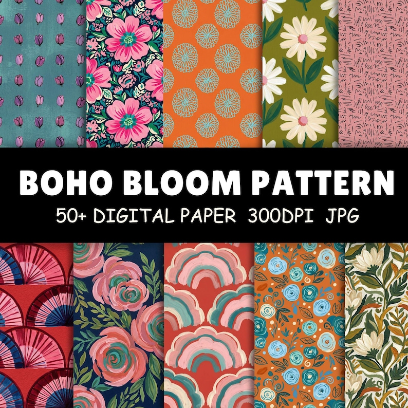 50+ Boho Pattern Bundle, Retro Floral & Folk Botanical Digital Paper ...