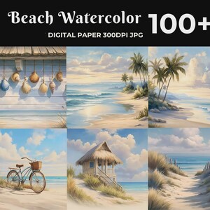 Beach Watercolor Digital Paper | 100+ Coastal Sublimation Backgrounds ...
