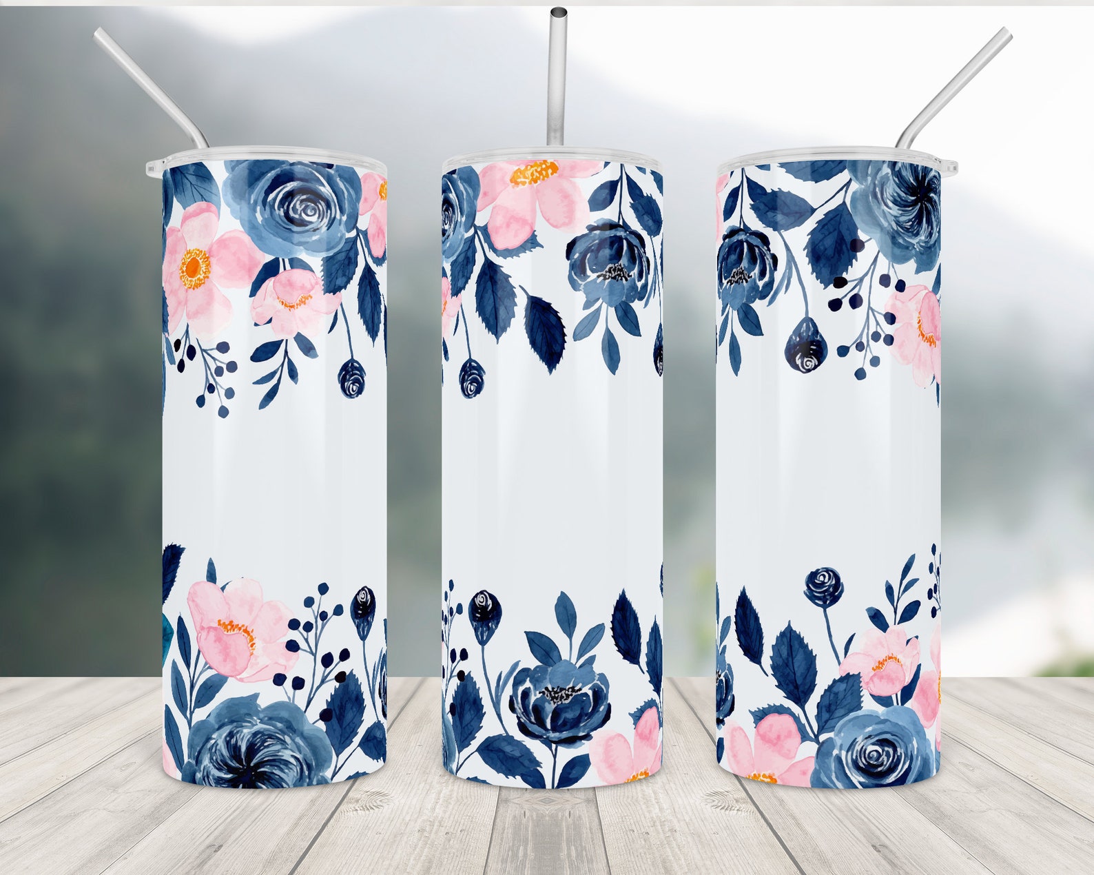 Blue Floral Tumbler Wrap Sublimation Designs For Tumbler Etsy